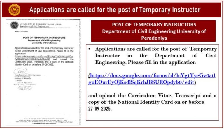 Applications are called for the post of Temporary Instructor ...
